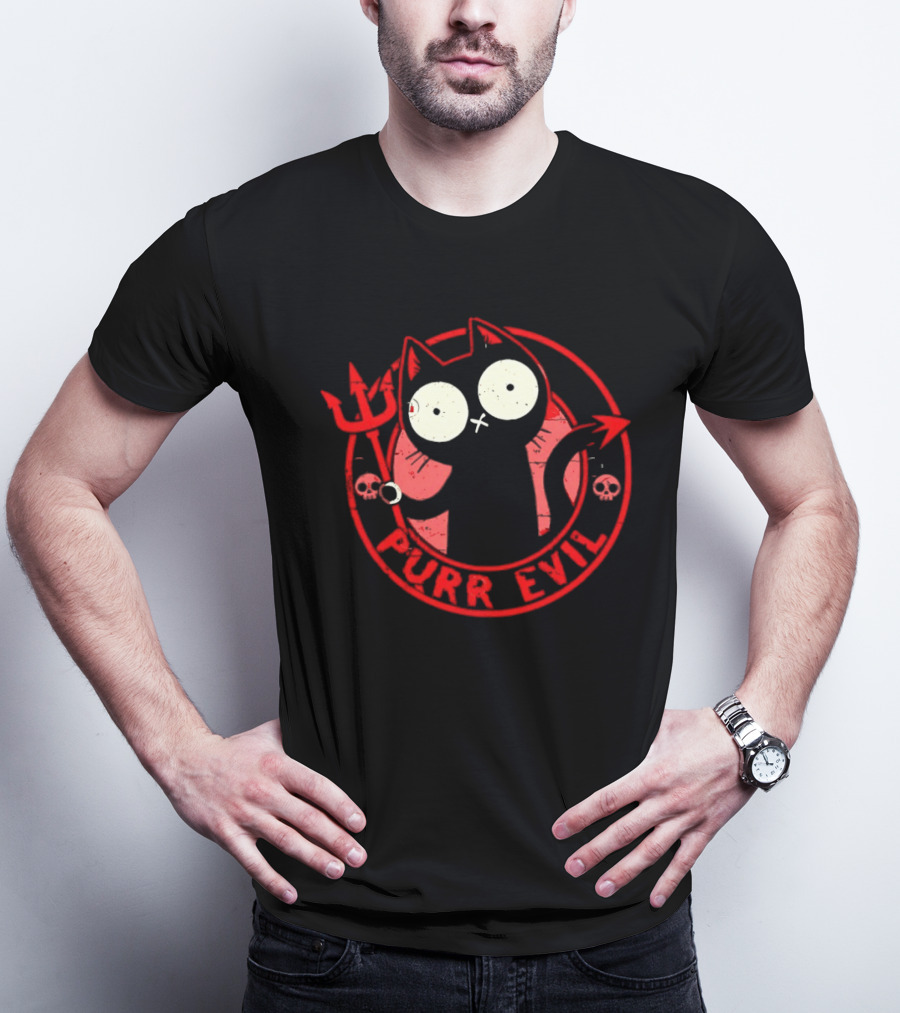 Purr Evil Cat With Trident And Skulls T-Shirt