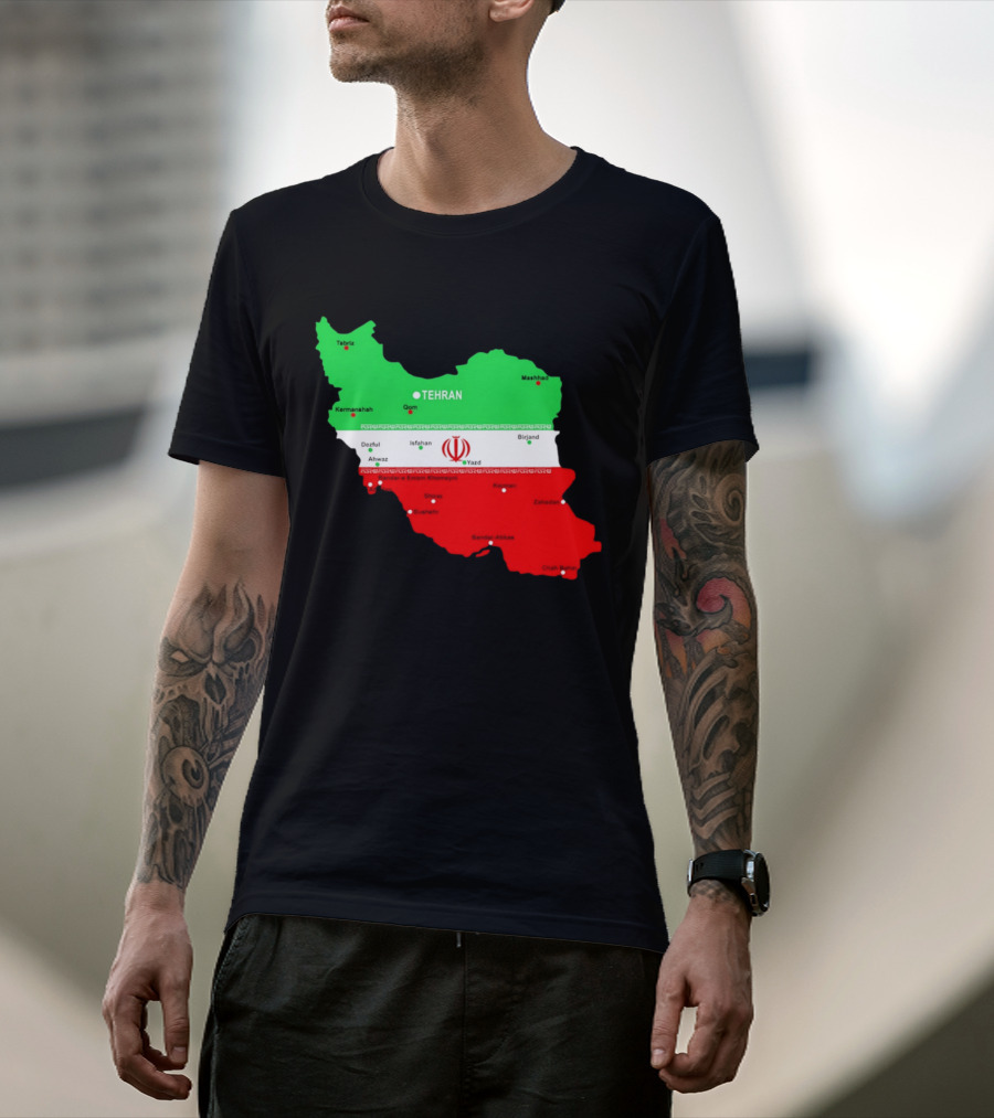 Iran Map With Flag Tehran Tabriz Mashhad Esfahan Shiraz Yazd Cities T-Shirt