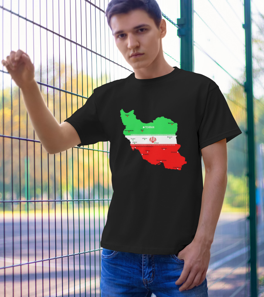 Iran Map With Flag Tehran Tabriz Mashhad Esfahan Shiraz Yazd Cities T-Shirt
