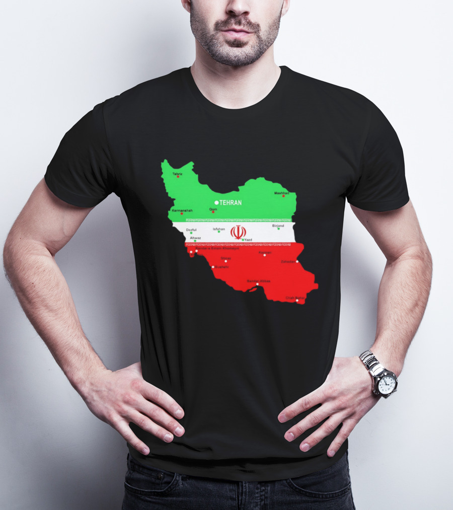 Iran Map With Flag Tehran Tabriz Mashhad Esfahan Shiraz Yazd Cities T-Shirt