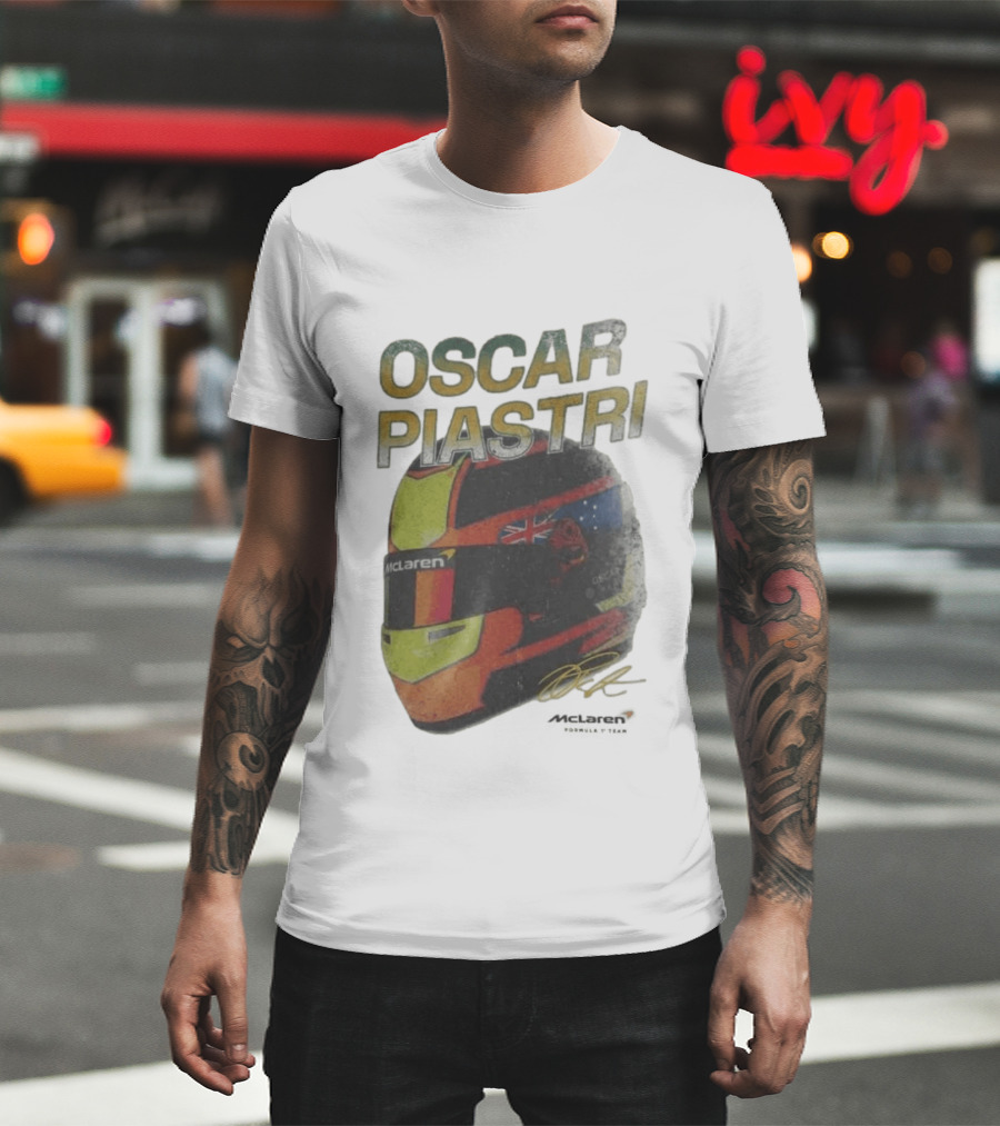 Oscar Piastri McLaren Racing Helmet Flag Signature T-Shirt