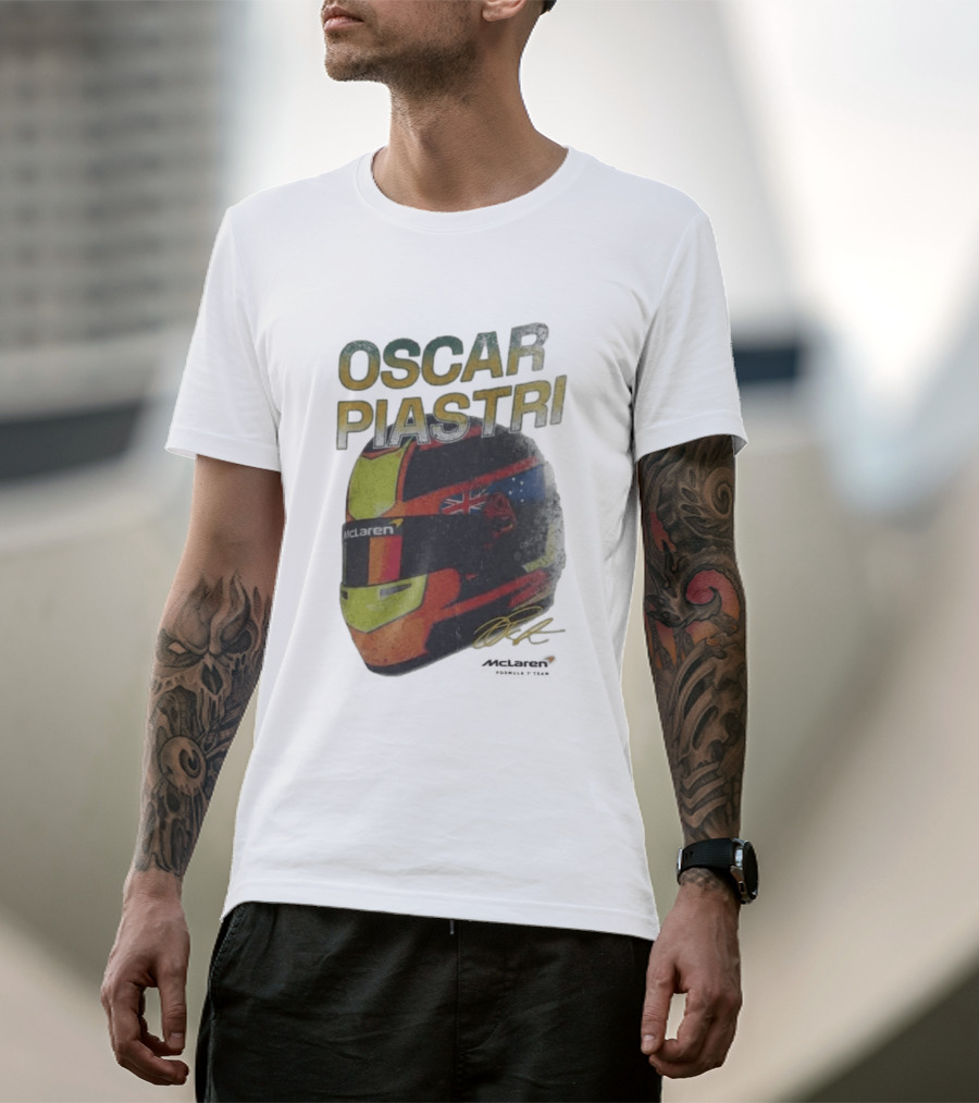 Oscar Piastri McLaren Racing Helmet Flag Signature T-Shirt
