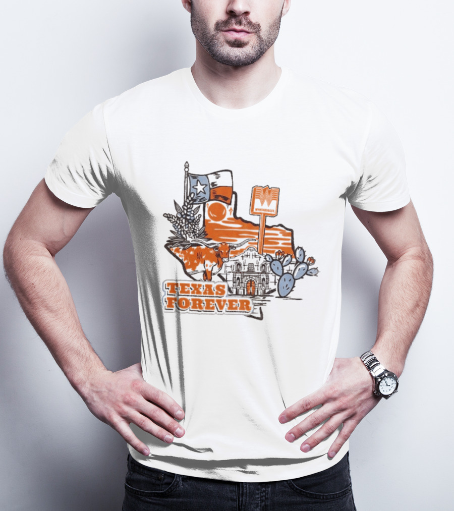 Texas Forever Alamo Whataburger Collaboration With Lone Star Flag And Cactus T-Shirt