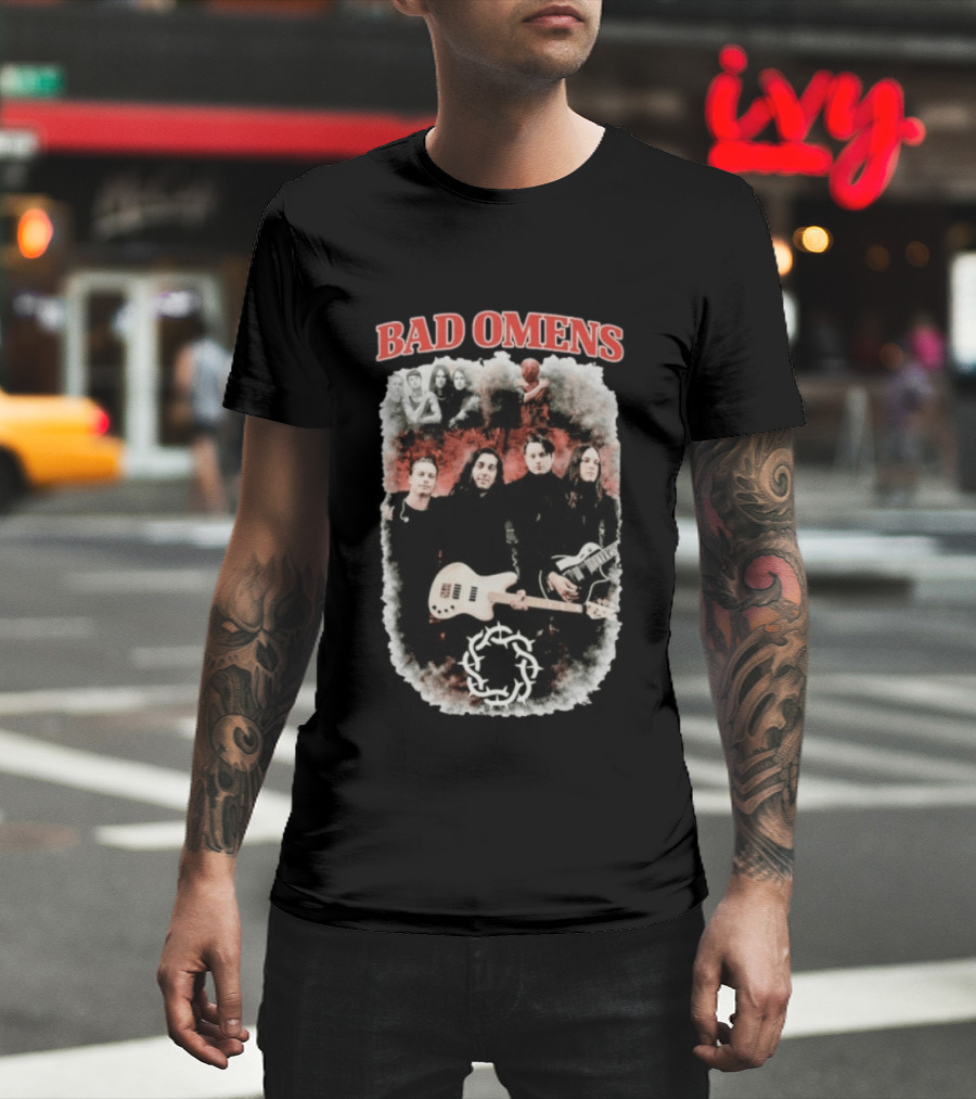 BAD OMENS Band Bootleg Circle Symbol Concert Collage T-Shirt