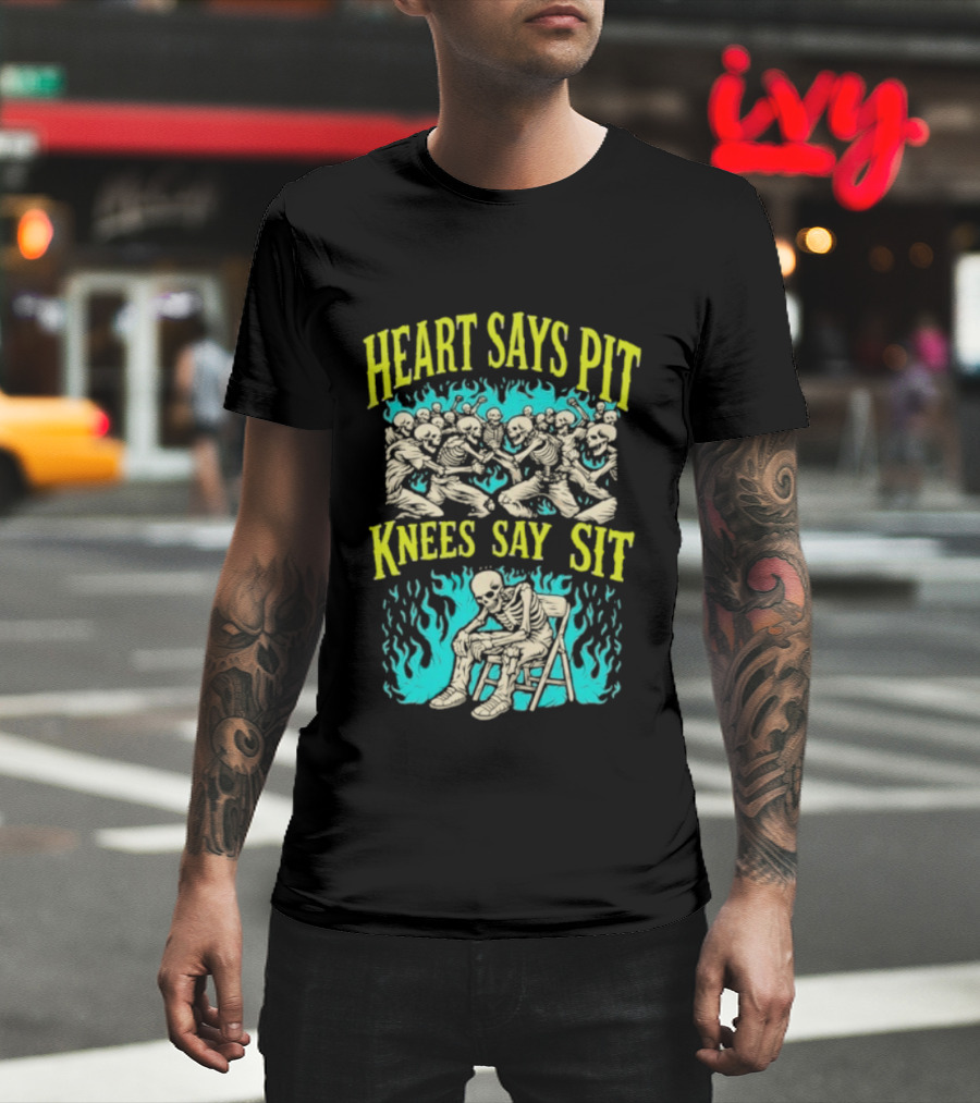 Skeletons Heart Says Pit Knees Say Sit Music Festival Mosh Pit Humor T-Shirt