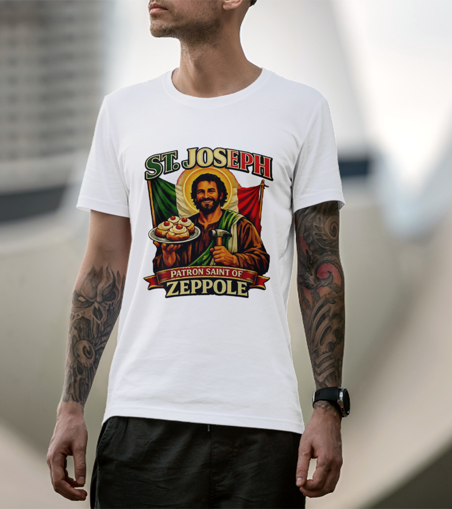 St. Joseph Patron Saint Of Zeppole With Italian Flag Icon And Halo Providing Hammer And Pastries T-Shirt
