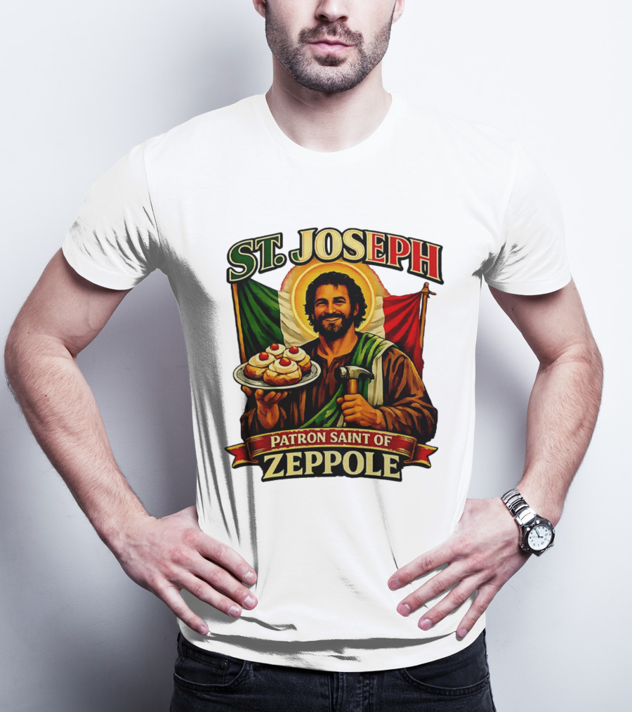 St. Joseph Patron Saint Of Zeppole With Italian Flag Icon And Halo Providing Hammer And Pastries T-Shirt