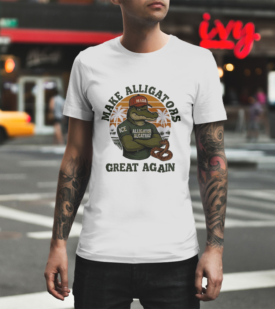 MAGA Alligator Alcatraz Make Alligators Great Again ICE Tropical Trees T-Shirt