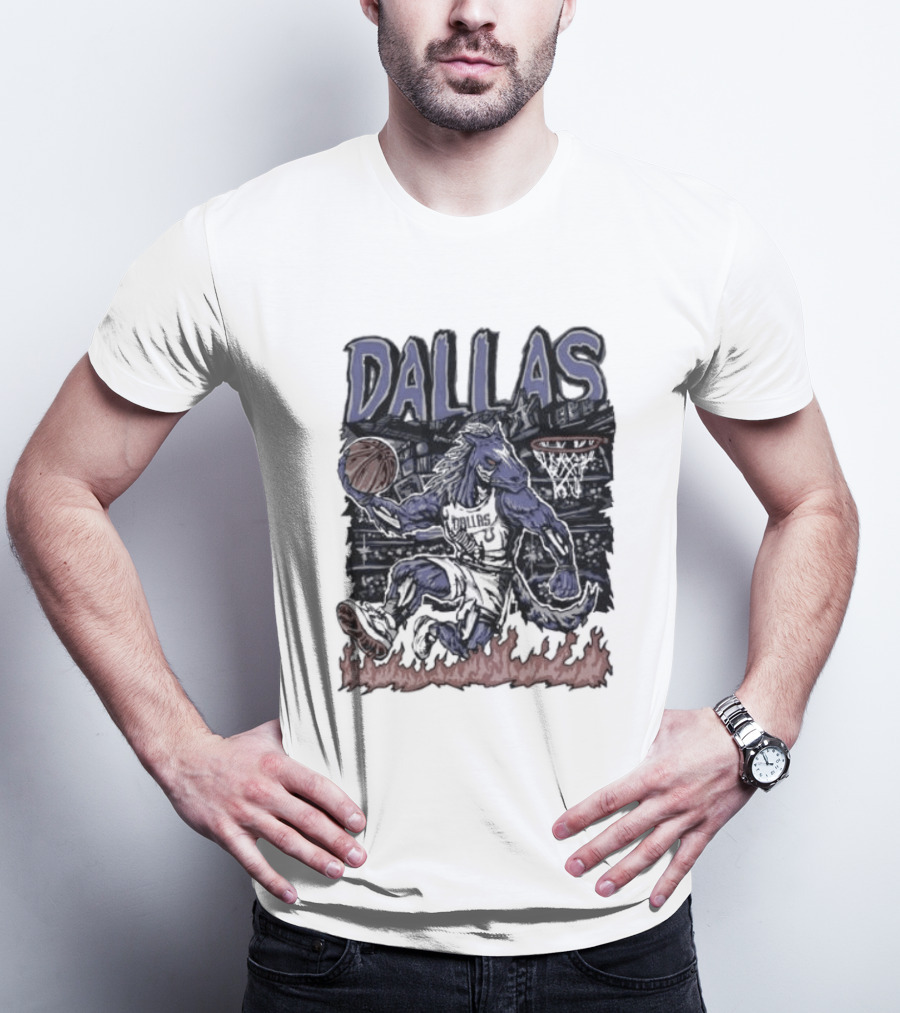 Dallas Mavericks Champ Cartoon Basketball Player Fire Hoops T-Shirt