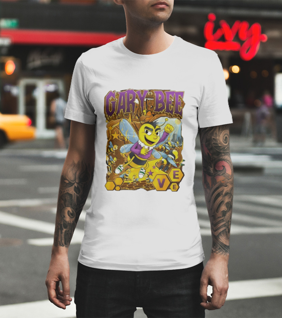 Gary Bee Cartoon Bee Character In Purple Jersey With Stars And Soccer T-Shirt