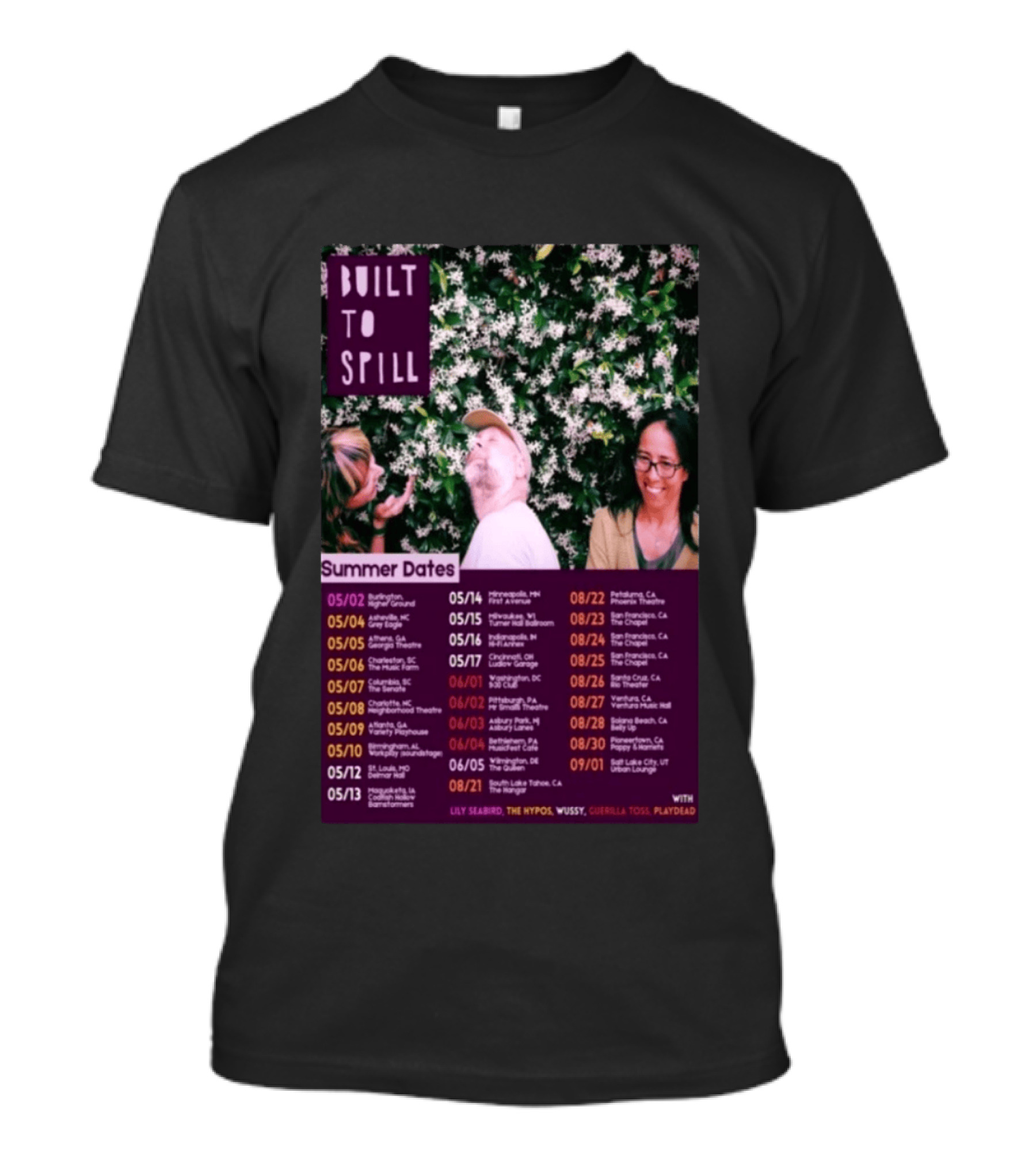 Built To Spill Summer Dates Tour 2026 Lily Seabird The Hypos Wussy Guerilla Toss Playdate T-Shirt