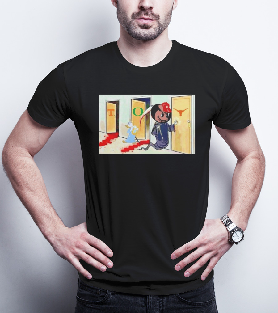 Ohio State Buckeyes Brutus Grim Reaper Knocking Texas Longhorns Door Cartoon T-Shirt