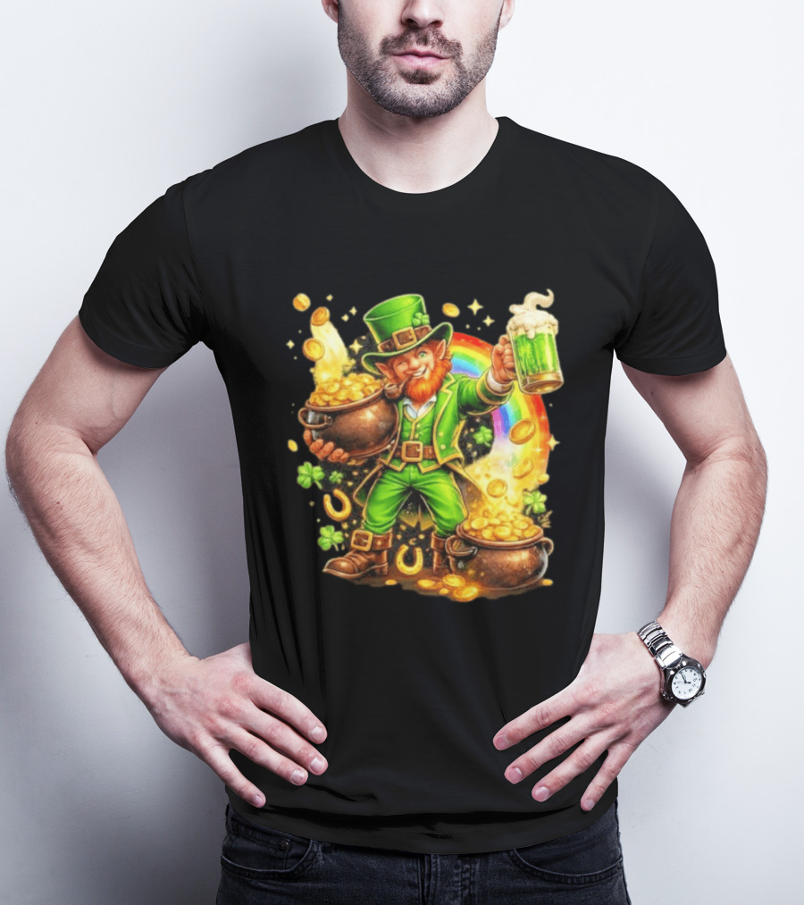 St Patricks Day Irish Leprechaun Cheers With Pot Of Gold And Rainbow Luck T-Shirt