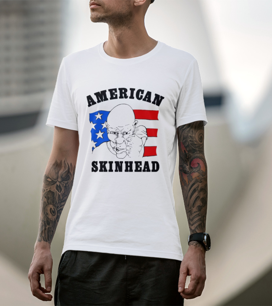 American Skinhead USA Bald Character With Flag Stars And Stripes T-Shirt