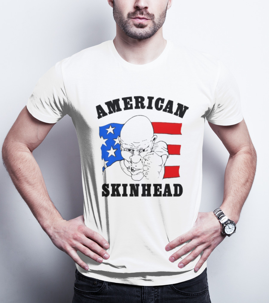 American Skinhead USA Bald Character With Flag Stars And Stripes T-Shirt