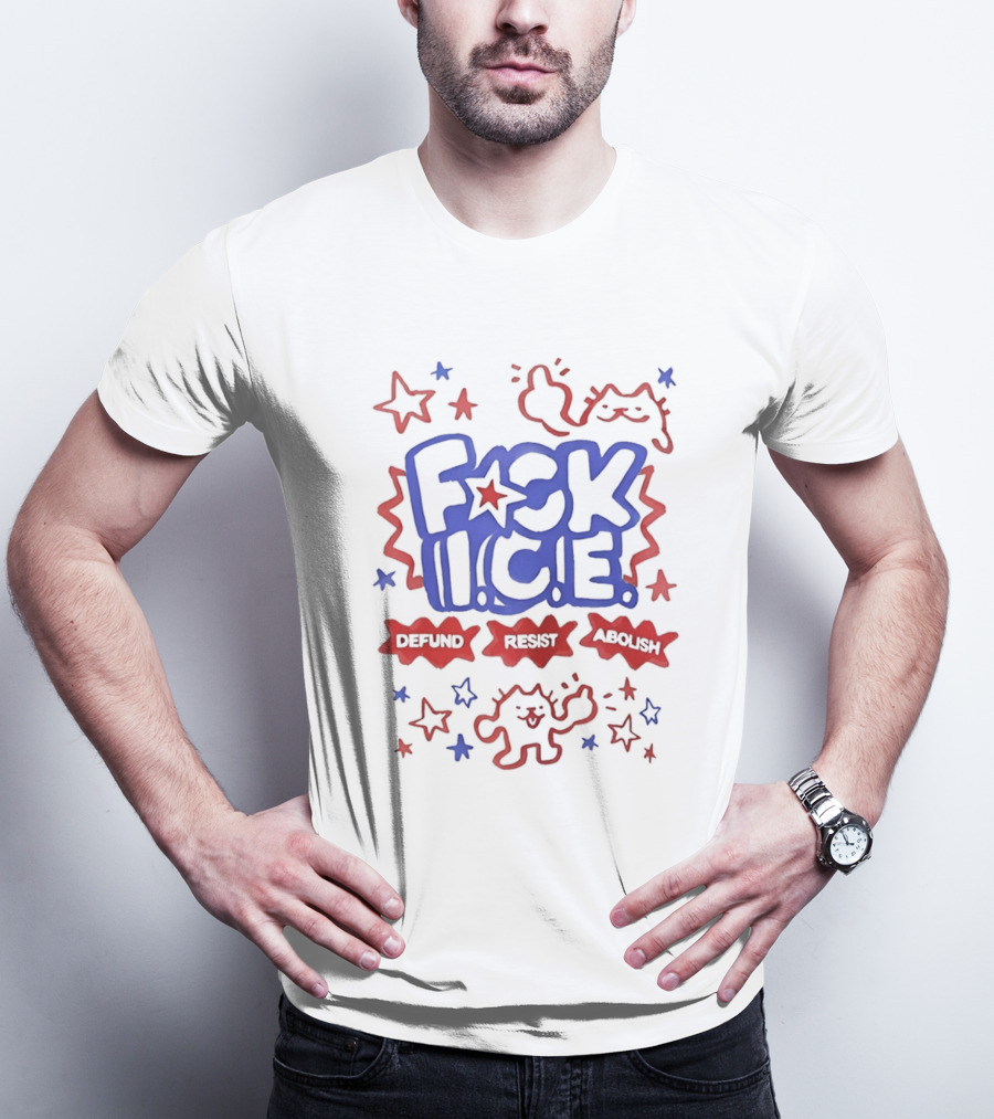F*ck I.C.E. Defund Deport Abolish Cat Stars 1776 2026 American Flag T-Shirt