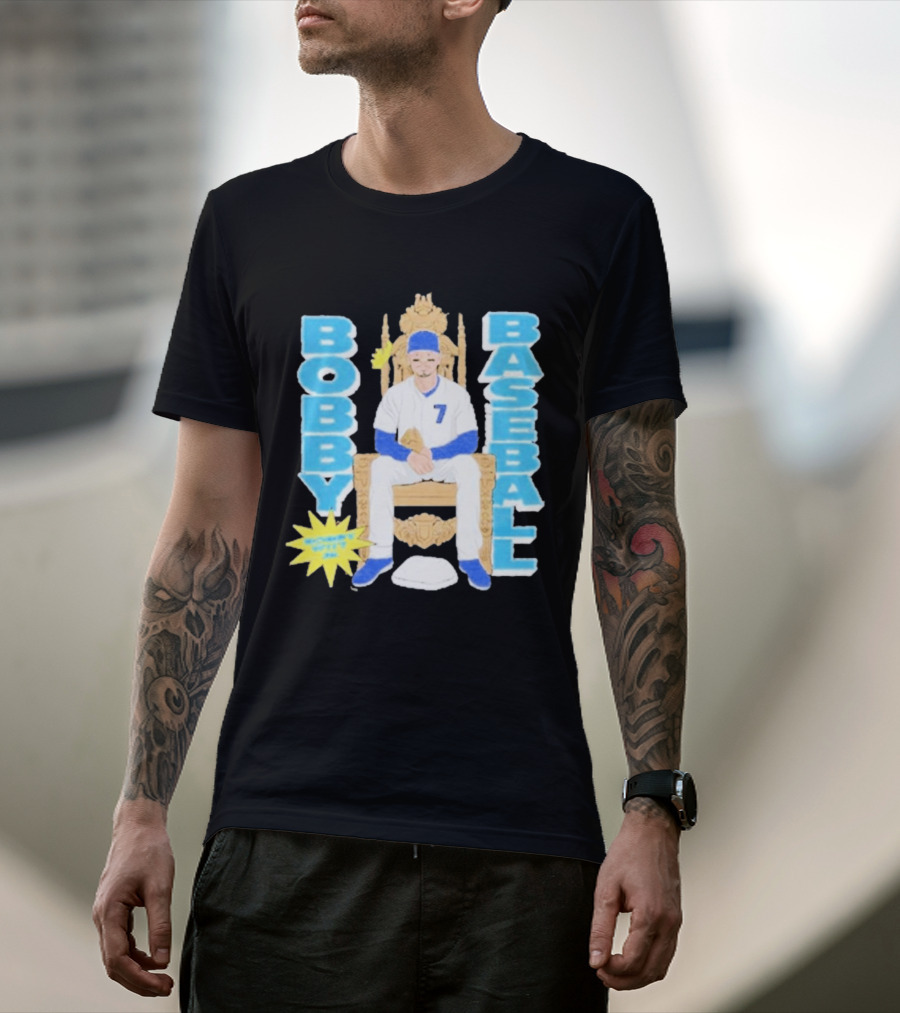 Bobby Baseball Throne Number 7 Blue Cap Batting Glove T-Shirt
