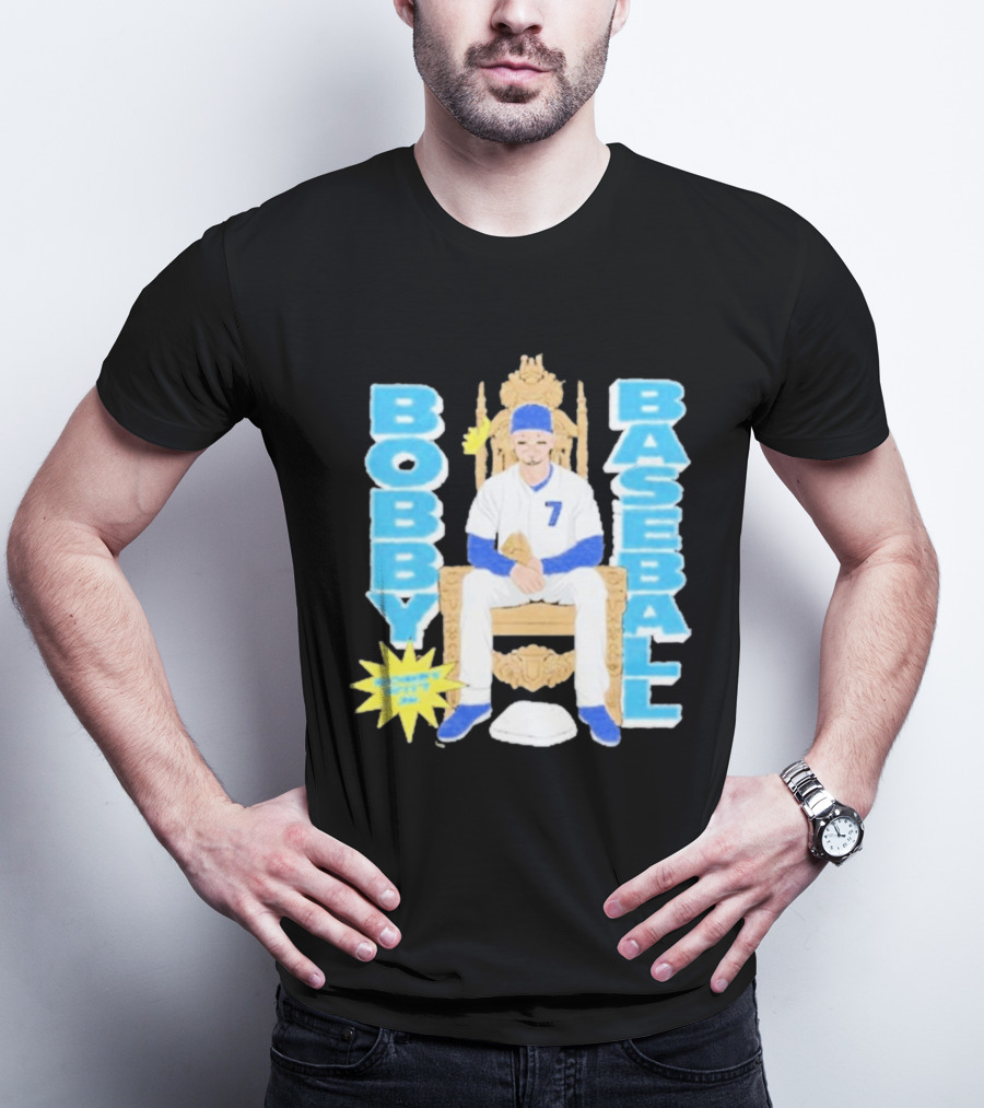 Bobby Baseball Throne Number 7 Blue Cap Batting Glove T-Shirt