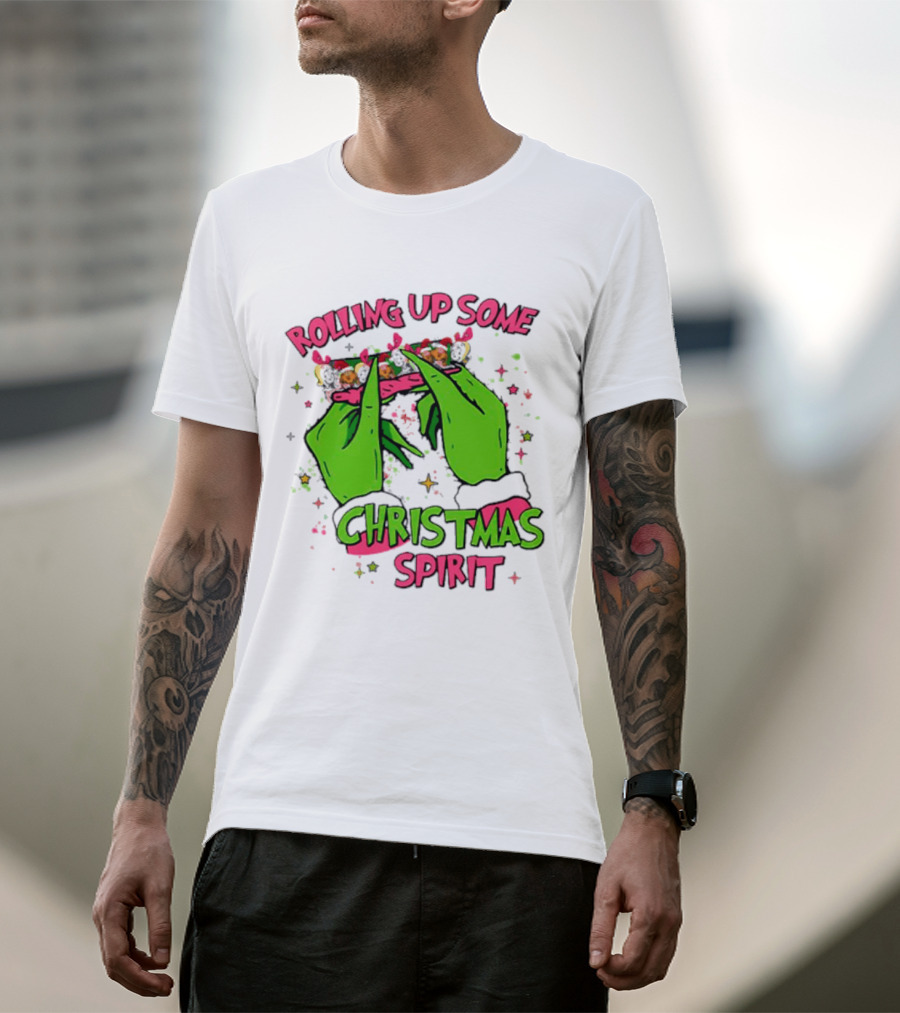 Grinch Rolling Up Some Christmas Spirit With Green Hands And Glitter Stars T-Shirt