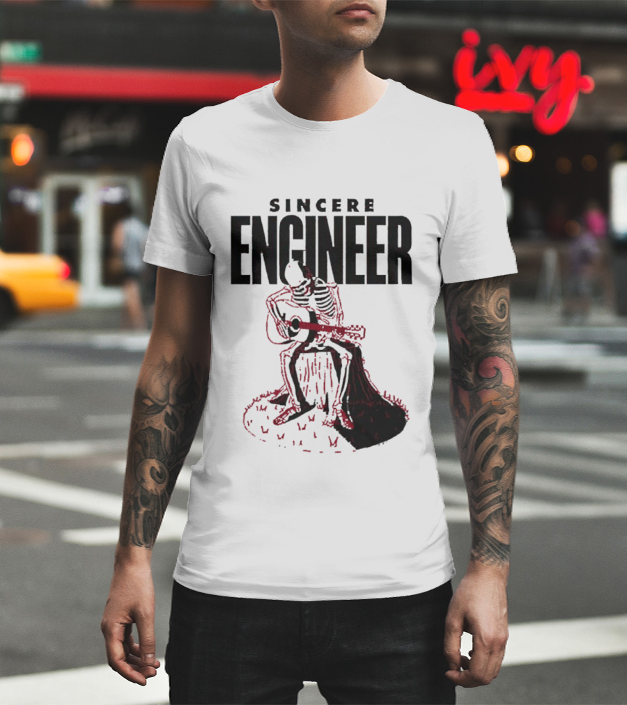 Sincere Engineer Skeleton Playing Guitar On Tree Stump T-Shirt