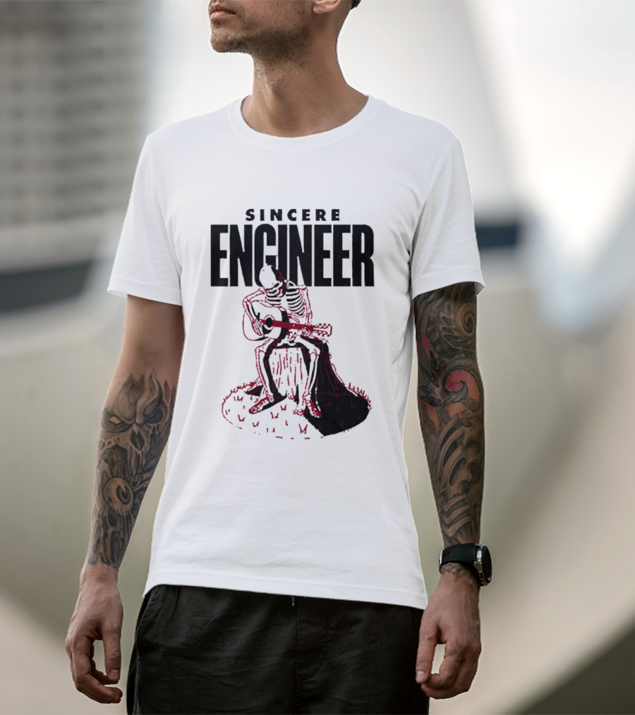 Sincere Engineer Skeleton Playing Guitar On Tree Stump T-Shirt