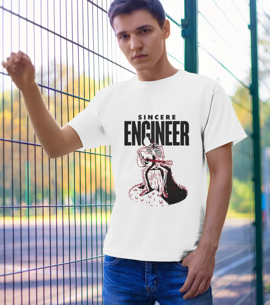 Sincere Engineer Skeleton Playing Guitar On Tree Stump T-Shirt