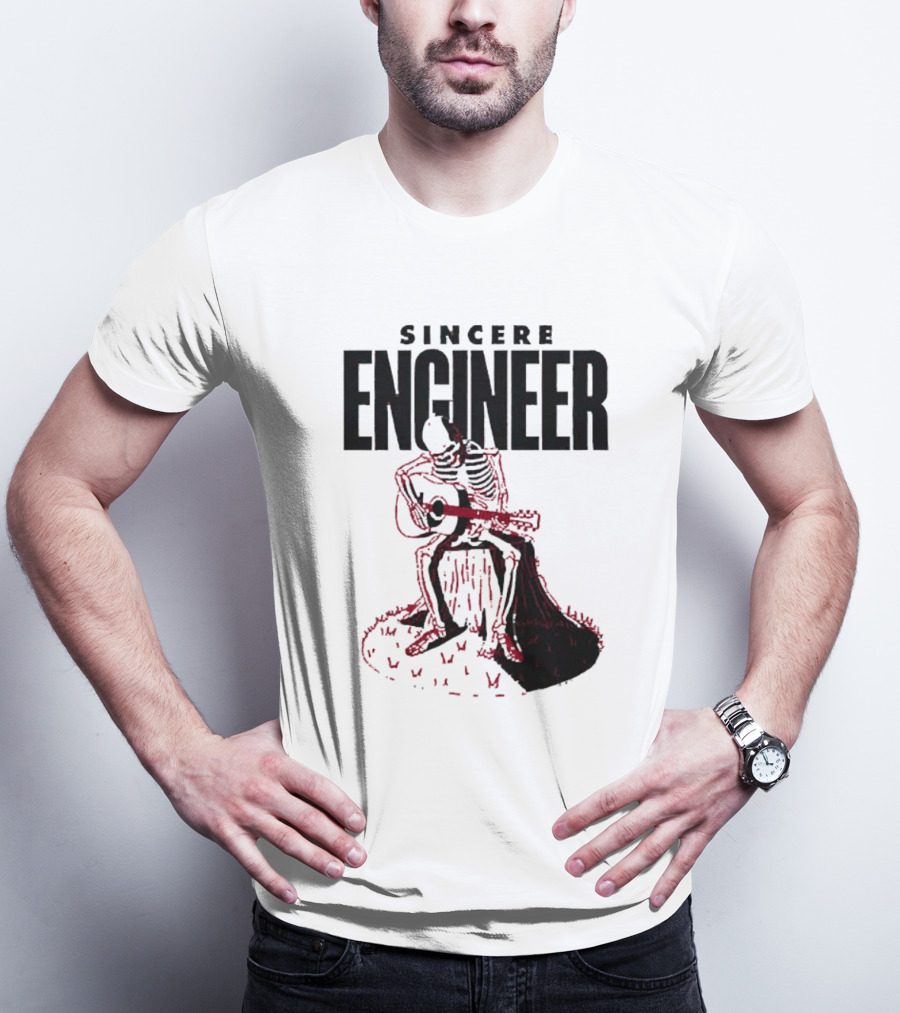 Sincere Engineer Skeleton Playing Guitar On Tree Stump T-Shirt