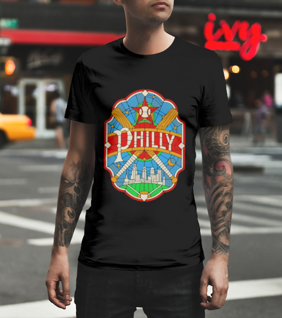 Philadelphia Phillies Stained Glass Philly Skyline Baseball Star Bats T-Shirt