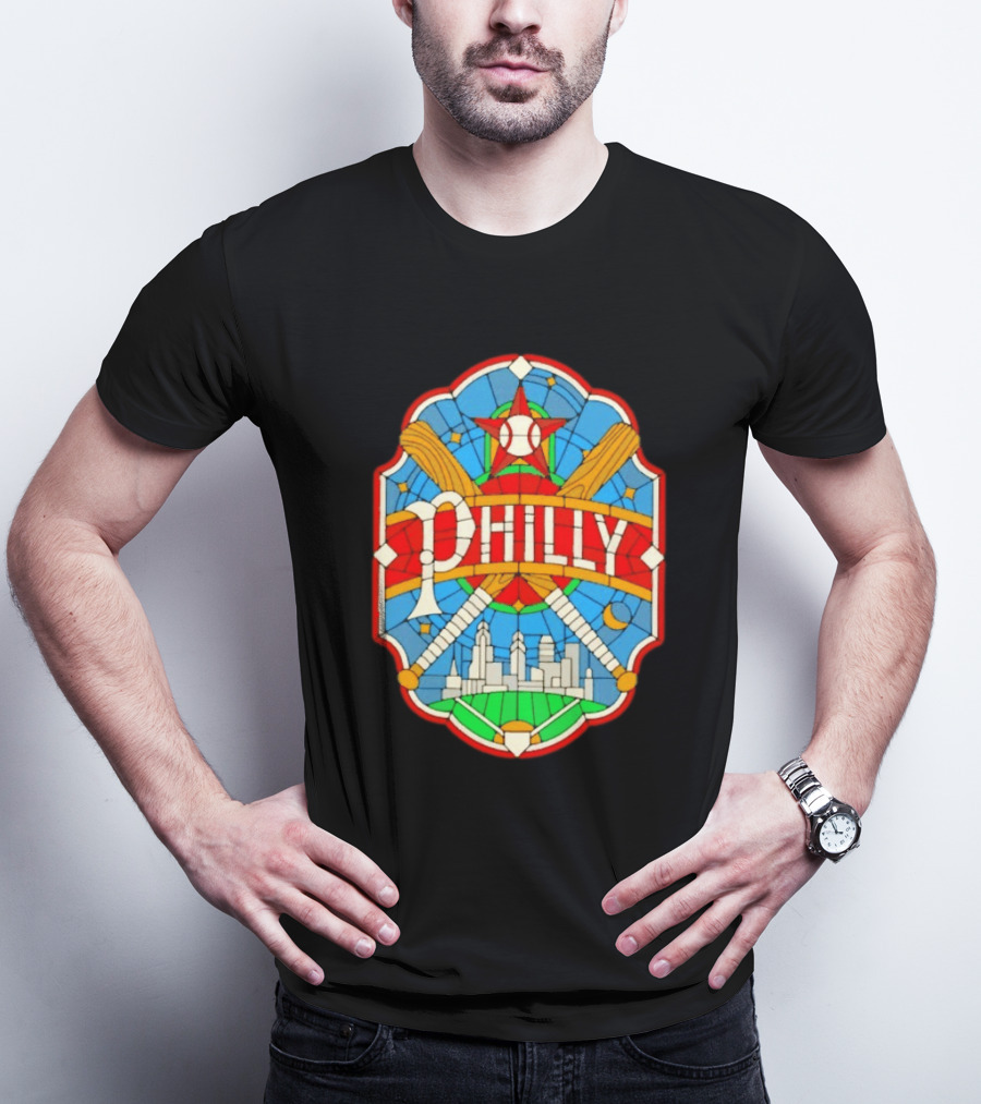 Philadelphia Phillies Stained Glass Philly Skyline Baseball Star Bats T-Shirt