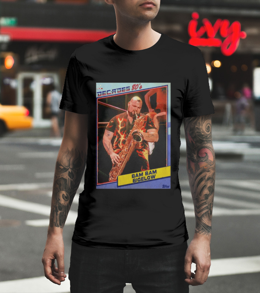 WWE Decades 80's Bam Bam Bigelow Topps Trading Card Saxophone Flame T-Shirt