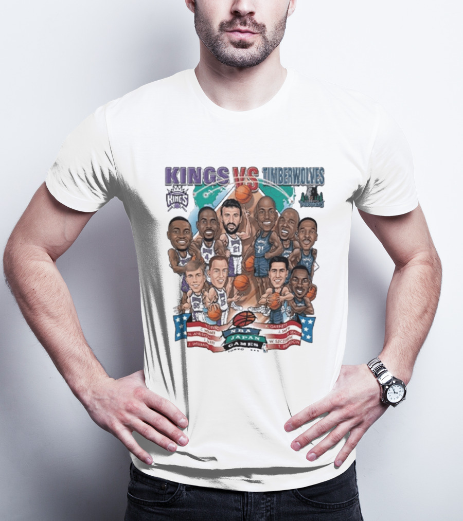 Kings Vs Timberwolves NBA Japan Games Tokyo 1999 Player Caricatures Basketball Showdown T-Shirt