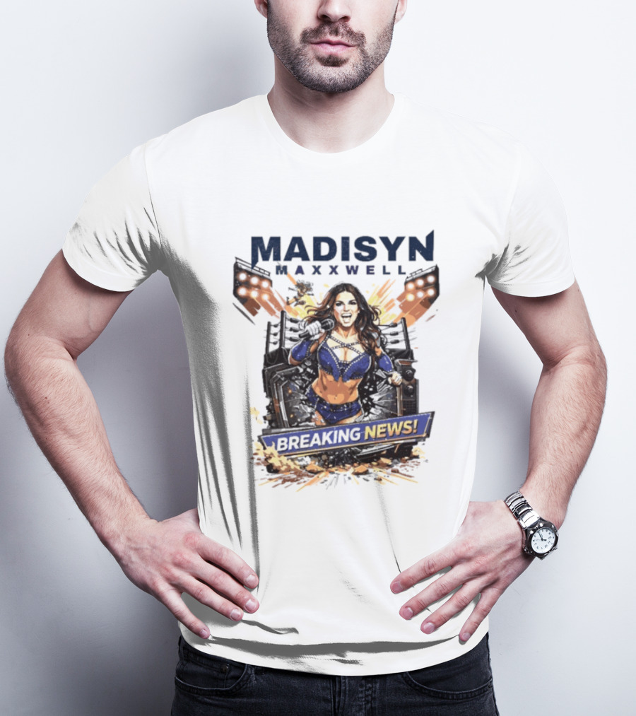 Madisyn Maxxwell Breaking News Dynamic Character Artwork Explosion T-Shirt