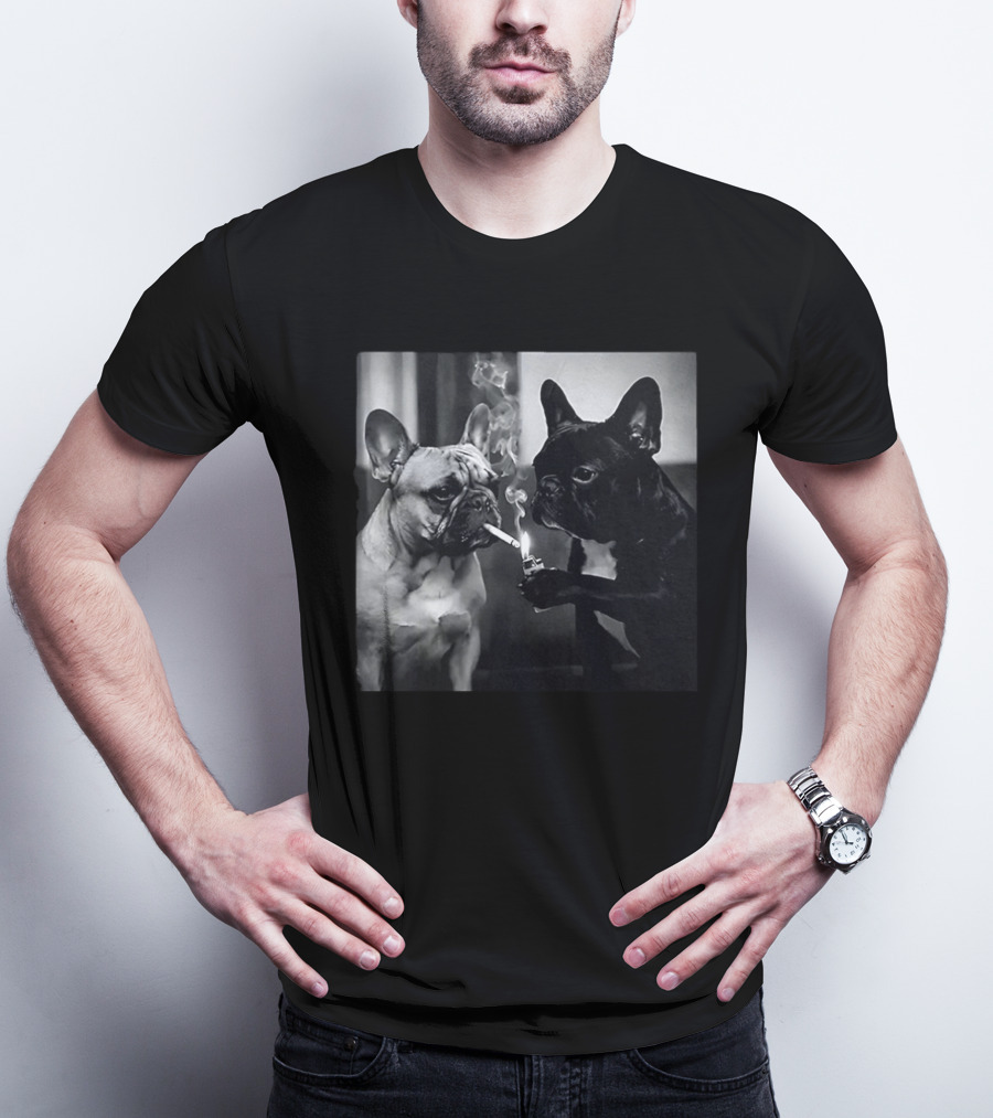 Frenchie Buddies French Bulldog Smoking Cigarette Meme Black And White Humor Duo T-Shirt