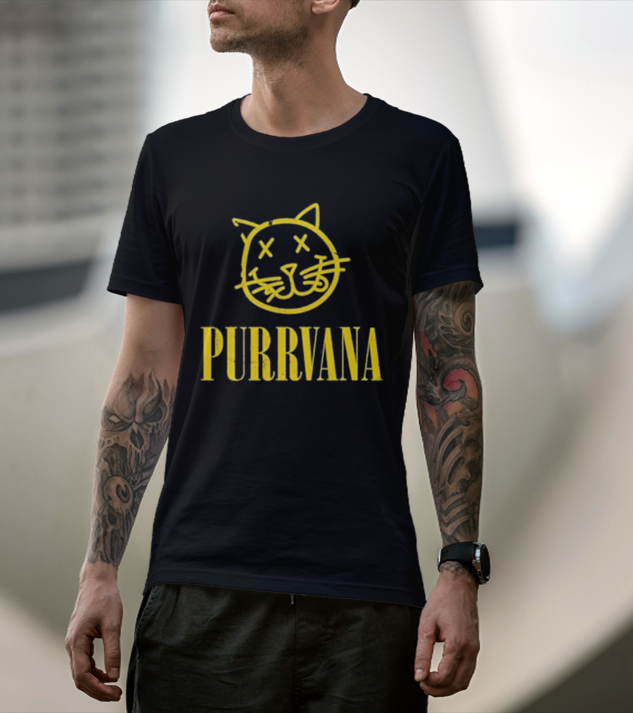 Purrvana Cat Face Yellow Grunge Style Kitty T-Shirt