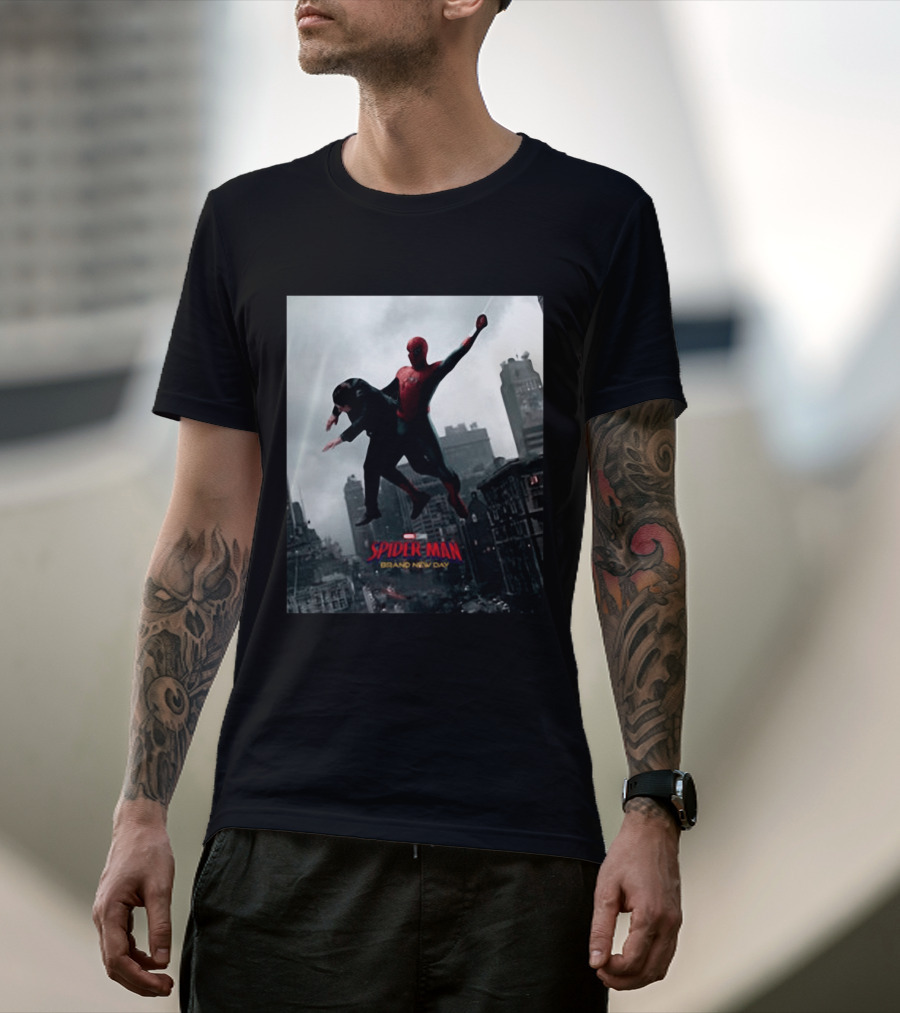 Spider Man Brand New Day Marvel Comic Scene Flying Over City Skyline T-Shirt