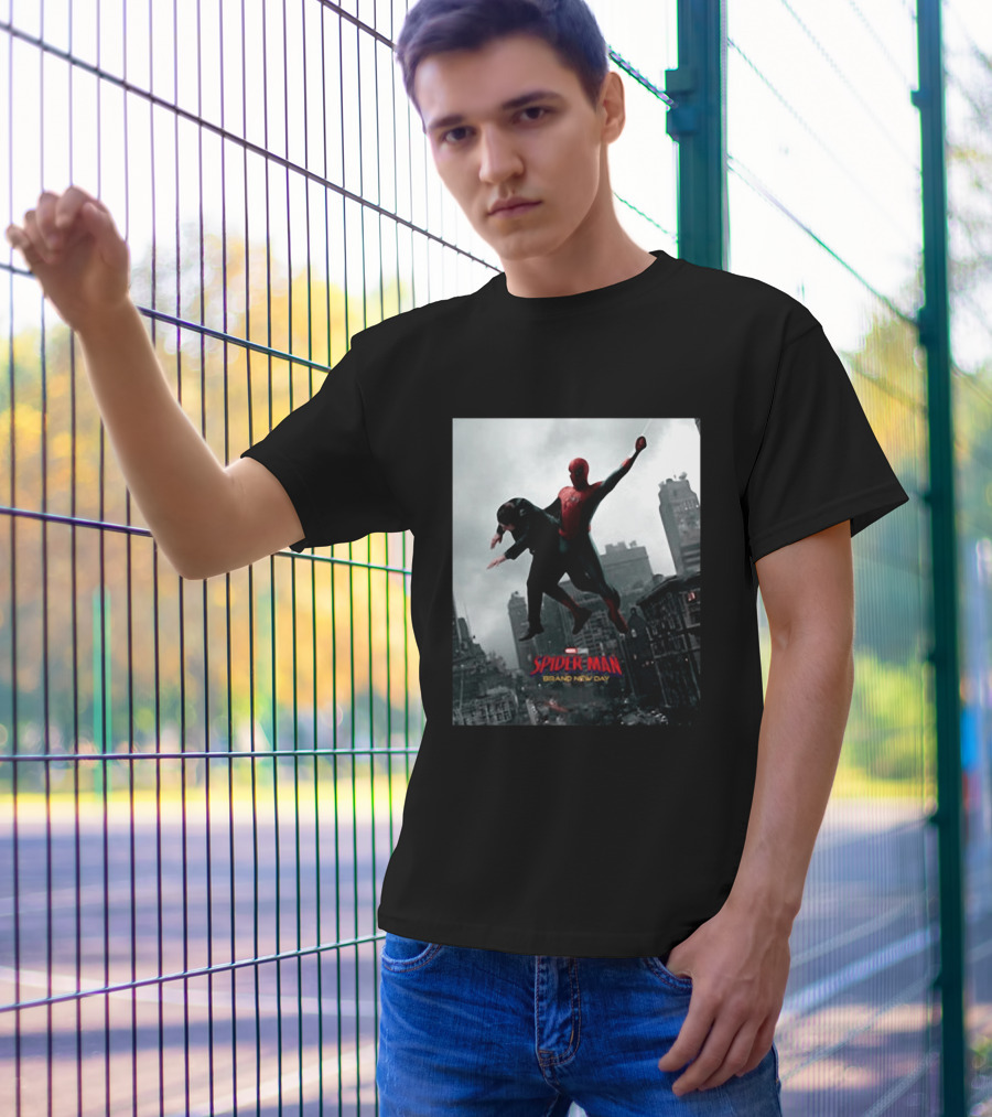 Spider Man Brand New Day Marvel Comic Scene Flying Over City Skyline T-Shirt