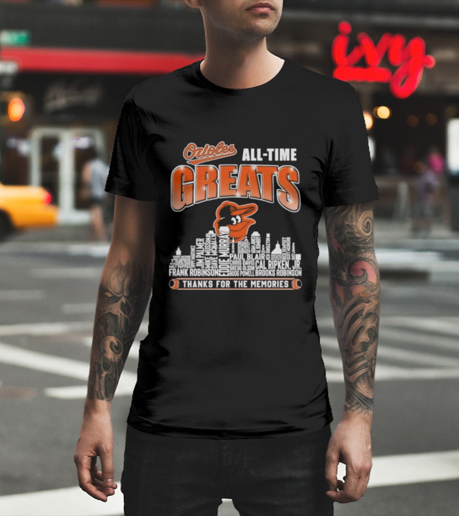 Orioles All Time Greats Thank You For The Memories City Skyline T-Shirt