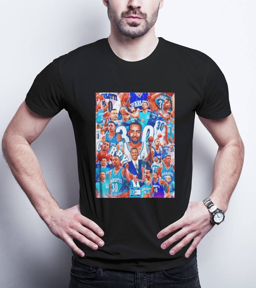 Dell Curry Charlotte Hornets 30 Jersey Collage Throwback T-Shirt