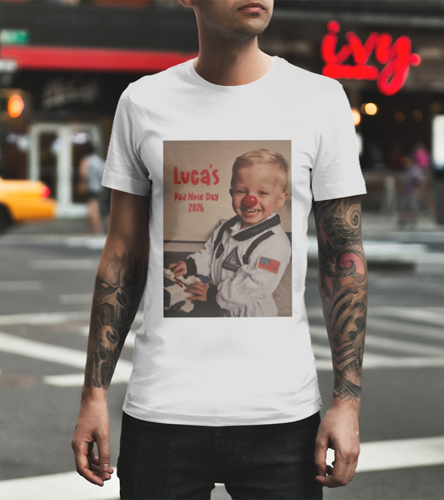 Luca's Red Nose Day 2026 Astronaut American Flag Kid's Costume Space T-Shirt