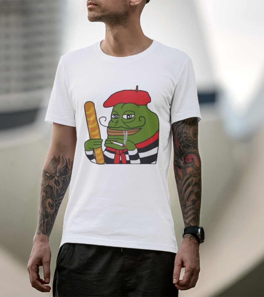 S French Pepe With Baguette And Cigarette Beret Comedy Meme T-Shirt