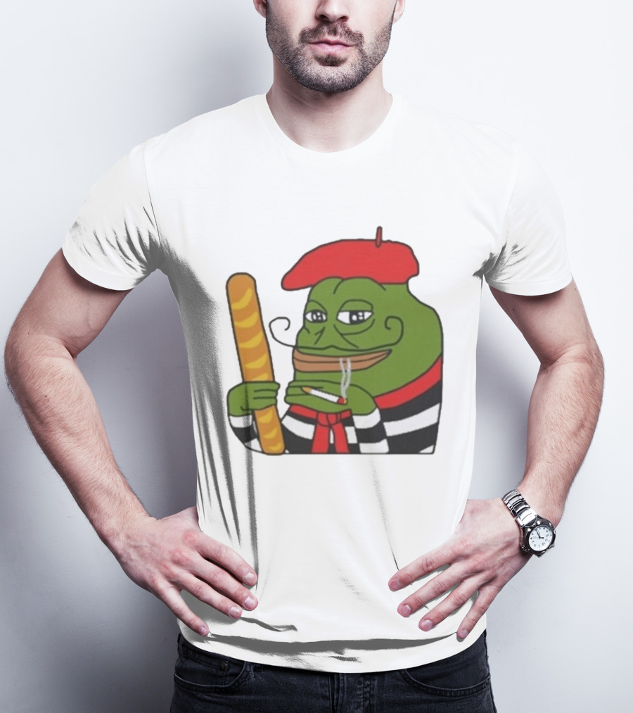S French Pepe With Baguette And Cigarette Beret Comedy Meme T-Shirt