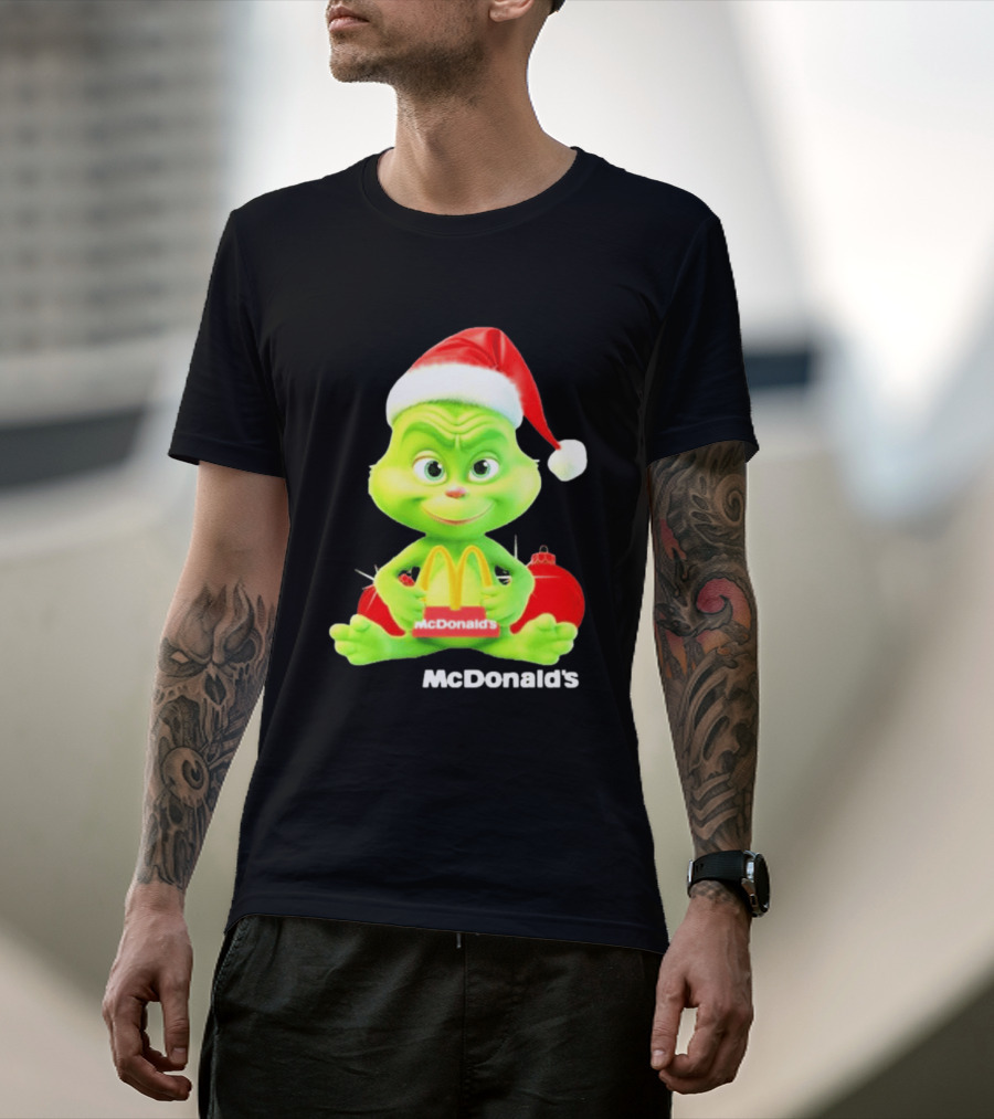 Santa Baby Grinch McDonald's Holding Happy Meal With Santa Hat And Gift Bags T-Shirt