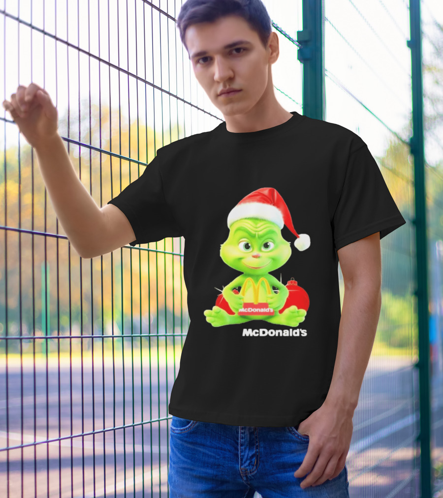 Santa Baby Grinch McDonald's Holding Happy Meal With Santa Hat And Gift Bags T-Shirt