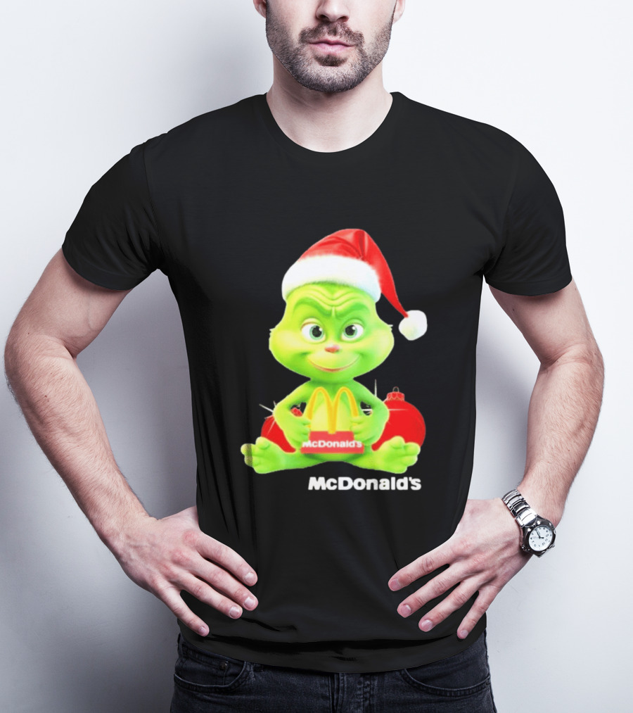 Santa Baby Grinch McDonald's Holding Happy Meal With Santa Hat And Gift Bags T-Shirt