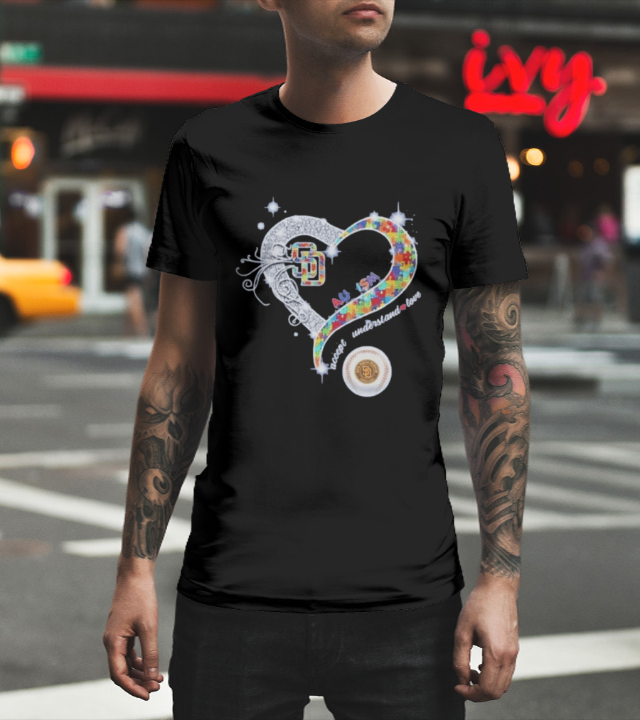 San Diego Baseball Heart Autism Accept Understand Love Puzzle T-Shirt