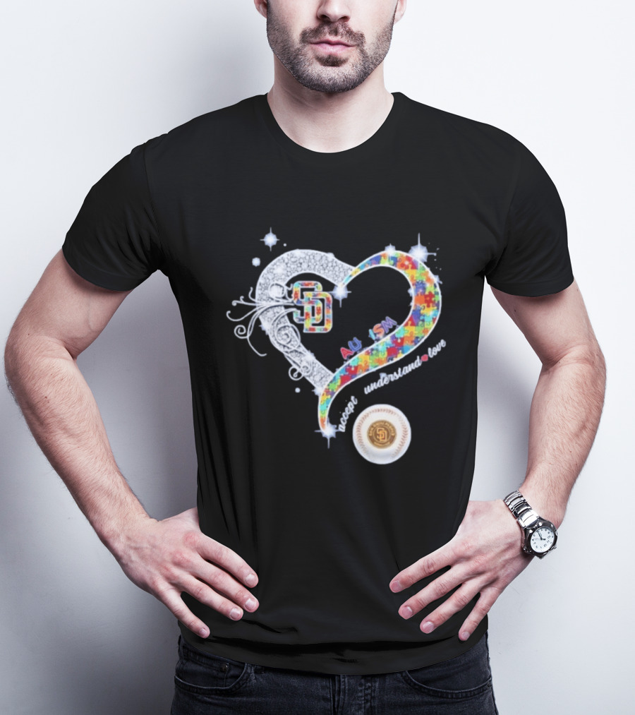 San Diego Baseball Heart Autism Accept Understand Love Puzzle T-Shirt