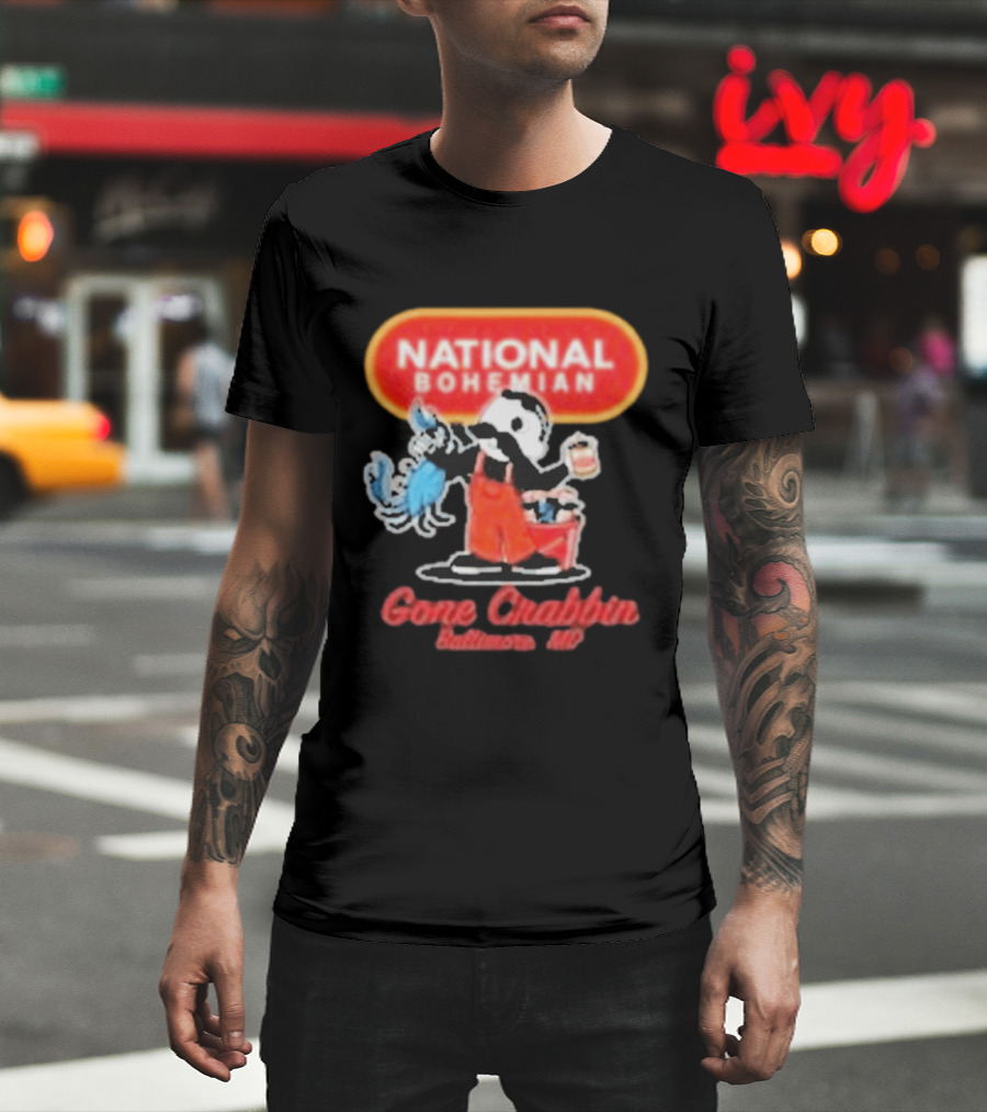 National Bohemian Beer Gone Crabbin' Baltimore MD Mr. Boh With Crab And Beer T-Shirt