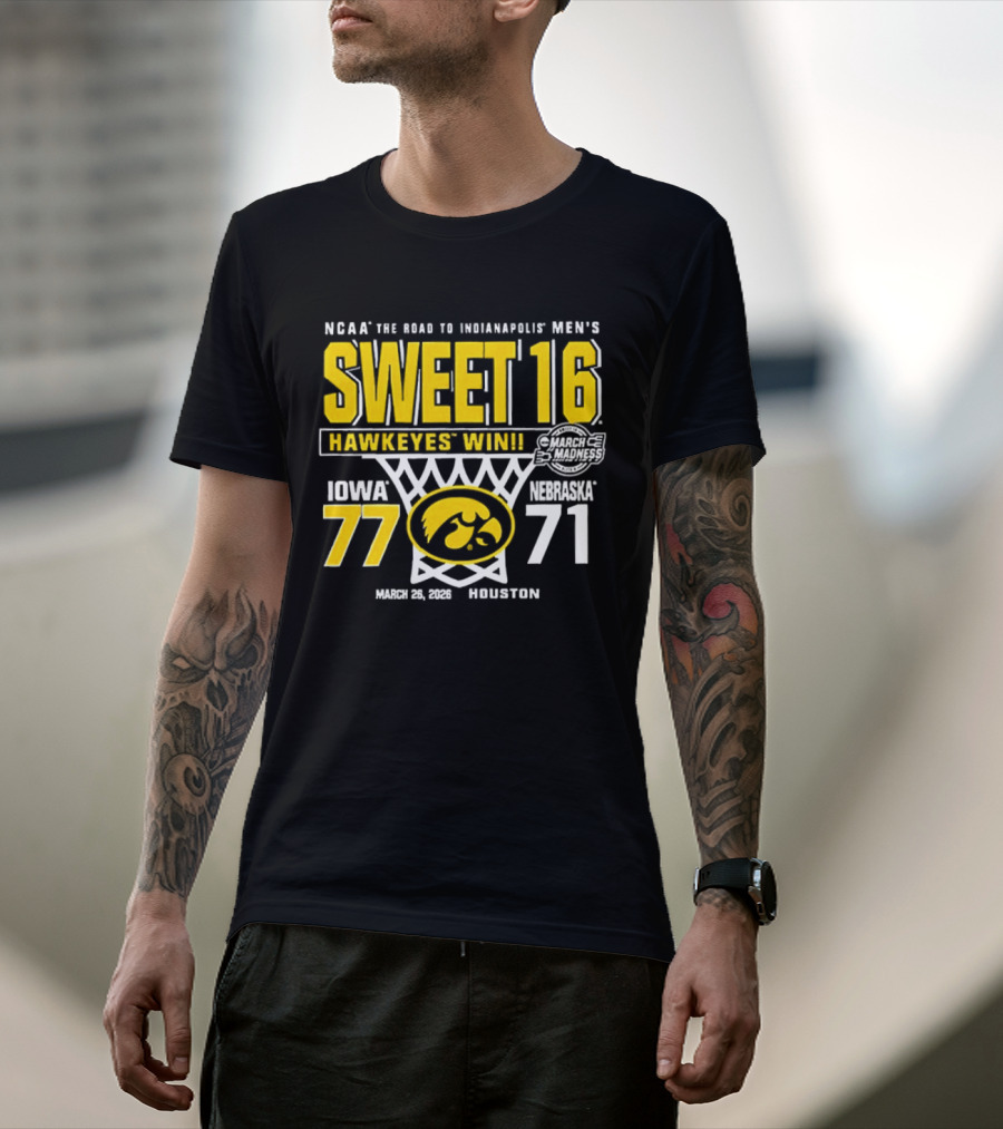 NCAA The Road To Minneapolis Men's Sweet 16 Hawkeyes Win Iowa 77 Nebraska 71 March 29 2020 Selection T-Shirt