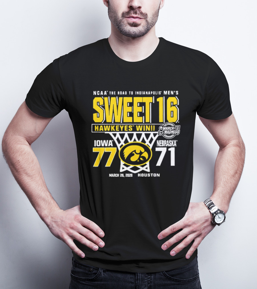 NCAA The Road To Minneapolis Men's Sweet 16 Hawkeyes Win Iowa 77 Nebraska 71 March 29 2020 Selection T-Shirt