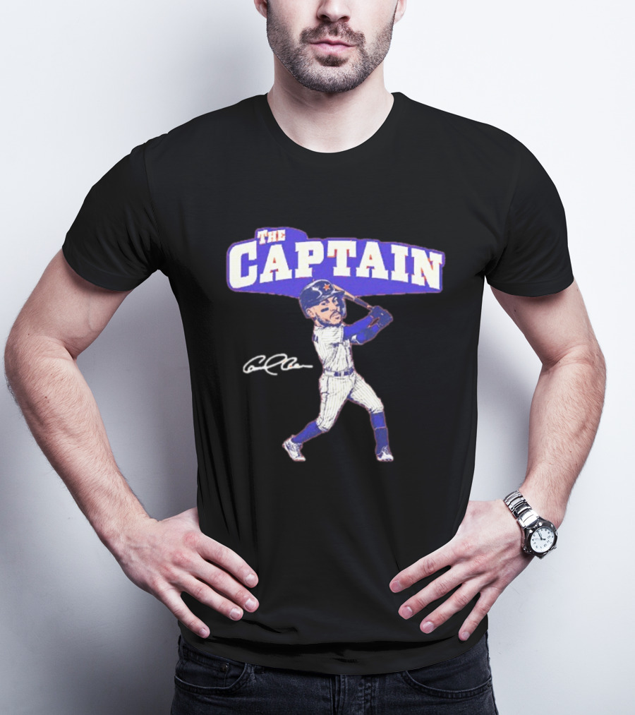 The Captain Carlos Correa Caricature Baseball Player Swinging Bat With Signature T-Shirt